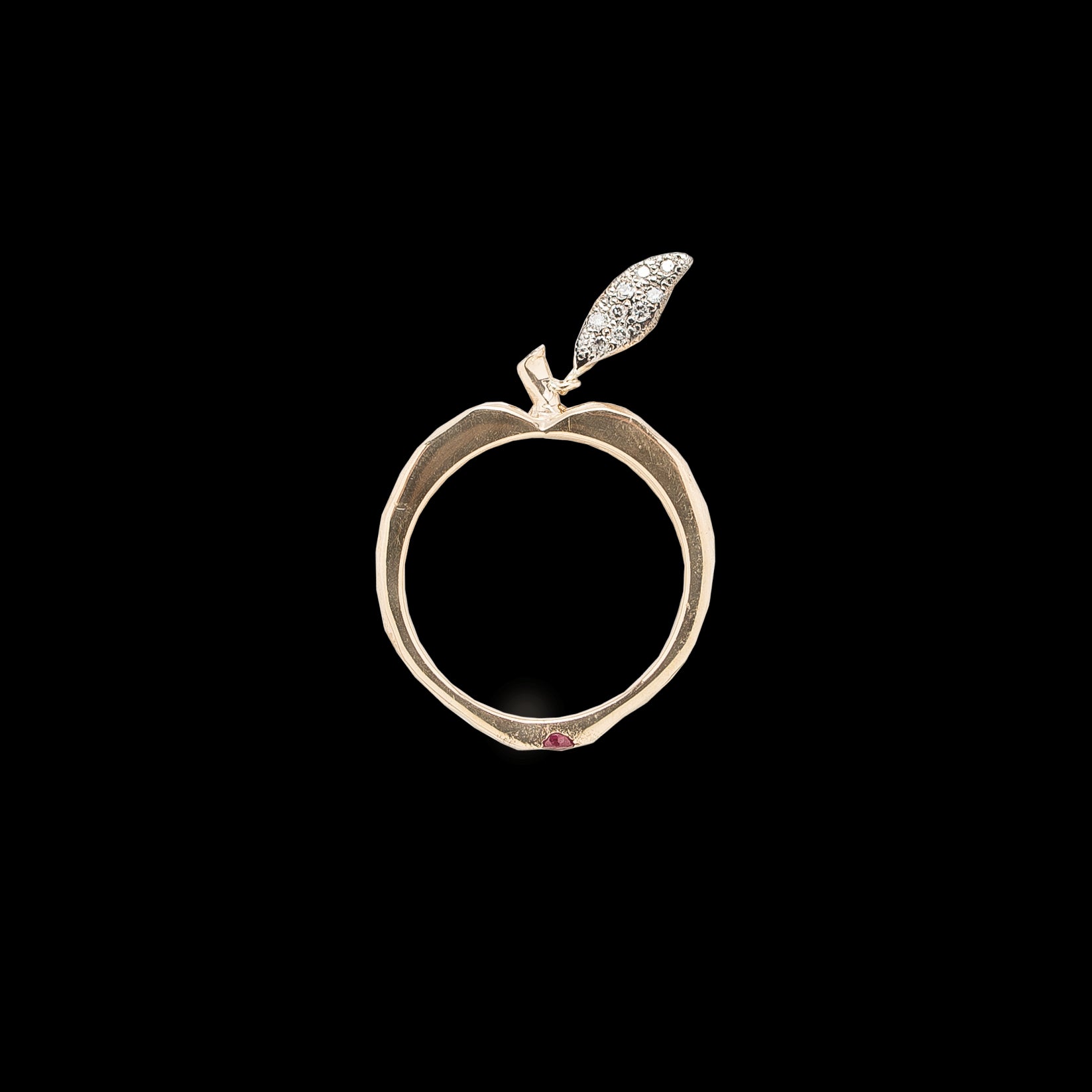 Golden Apple Ring with Diamond Leaf and Ruby Core – A. JARON Fine Jewelry